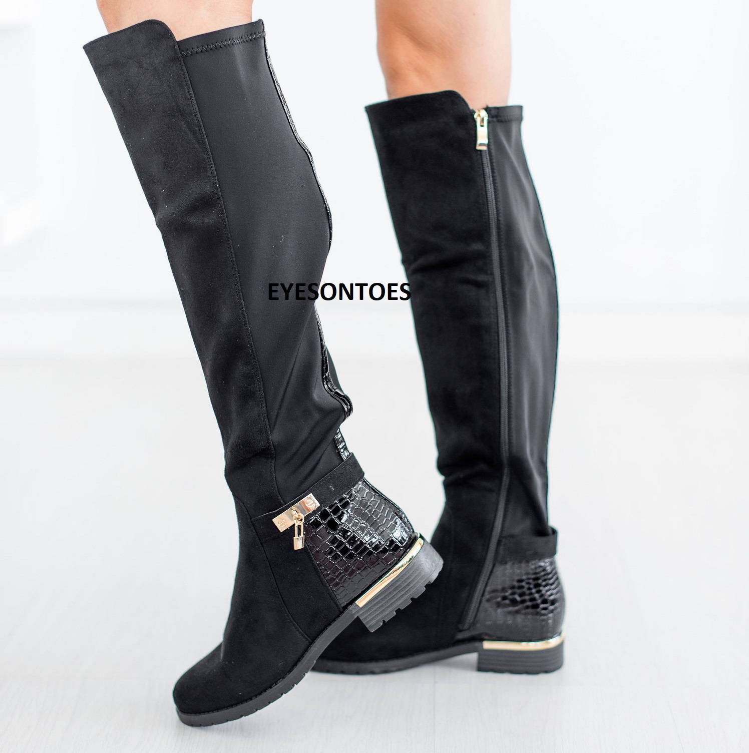 DAMEN OVER THE KNEE HOHE STRETCH WADENBEIN REISSVERSCHLUSS FLACHER